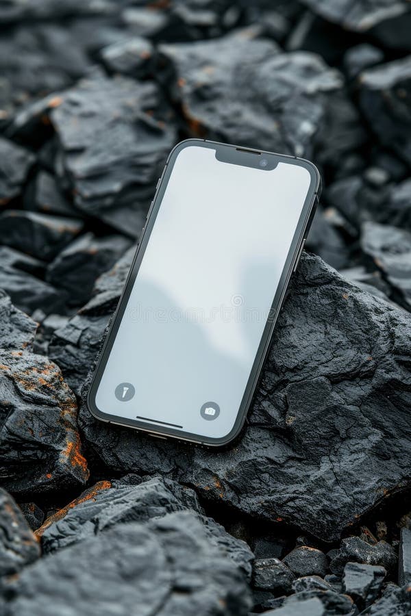 Floating Phone with Empty White Screen on Black Rock, Dark Background ...
