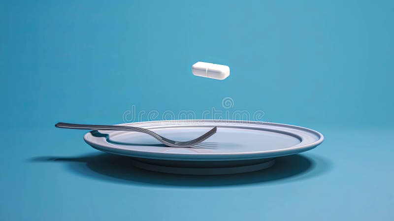 Floating Pill Above a Plate with a Fork, Representing Modern Dietary ...