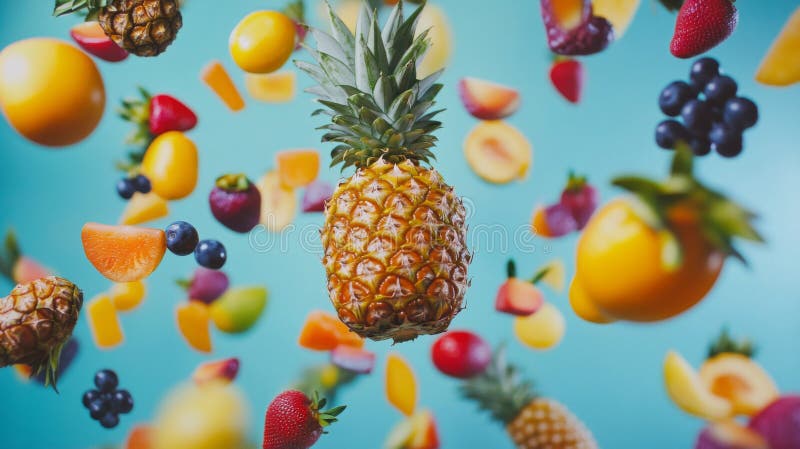 Floating Pineapple and Assorted Fruits on Aqua Background Stock ...