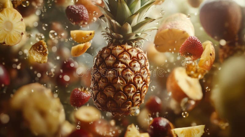 Floating Pineapple and Assorted Fruits in Mid-Air Stock Illustration ...