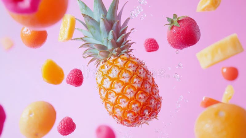 Floating Pineapple and Assorted Fruits in Pink Stock Illustration ...