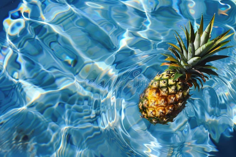 Floating Pineapple in Clear Blue Water with Ripples and Reflections on ...