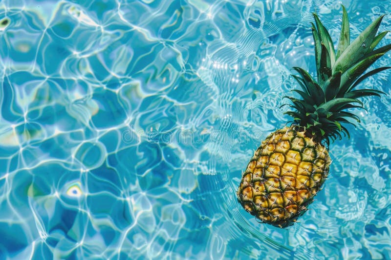Floating Pineapple in Clear Blue Water with Ripples and Reflections on ...