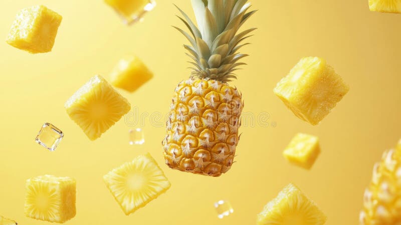 Floating Pineapple with Cubes on Yellow Background Stock Illustration ...