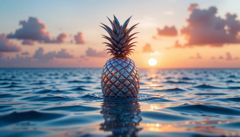 Floating Pineapple in a Glowing Tropical Ocean Stock Illustration ...