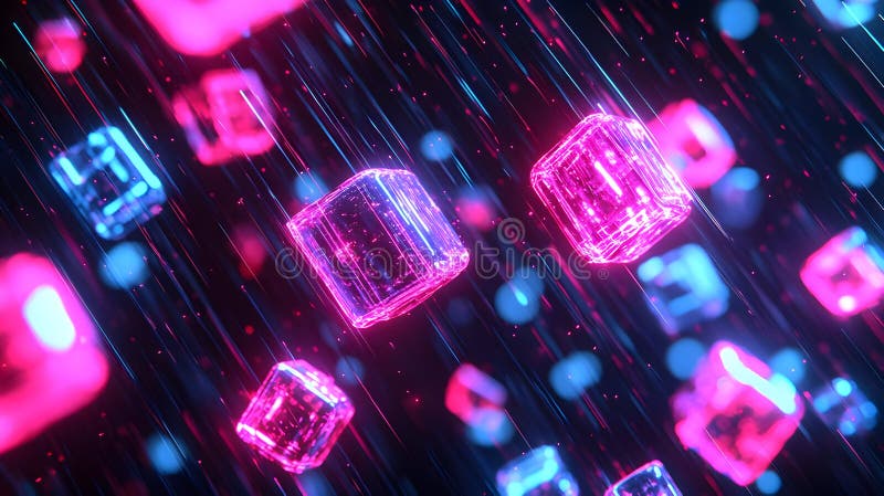 Floating Pink and Blue Cubic Array with Dotted Particle Trails on Dark ...