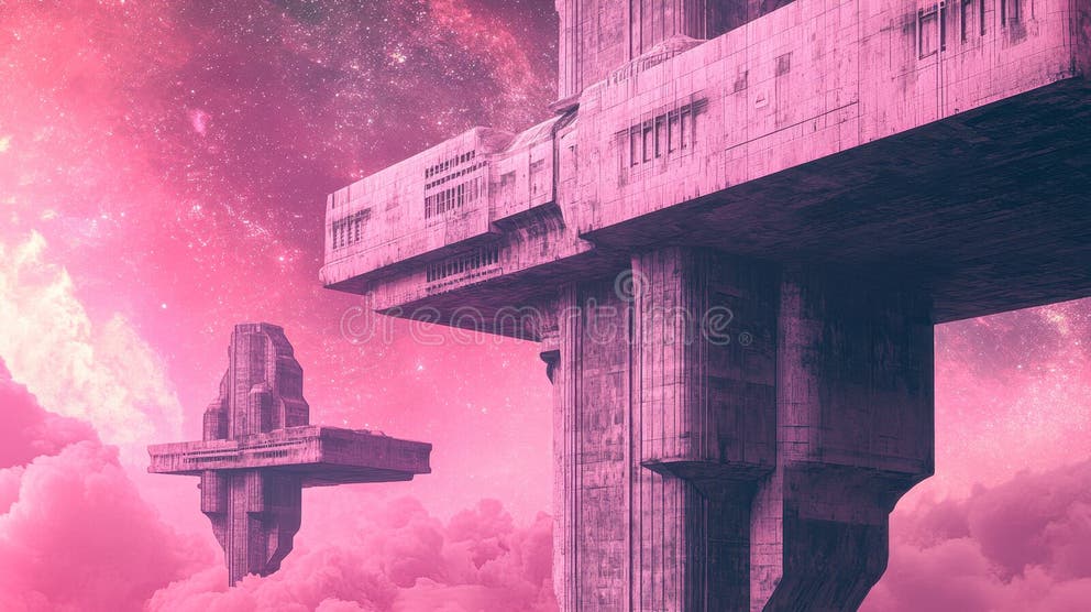 Floating Pink Brutalist Structures Create a Surreal Cosmic Landscape ...