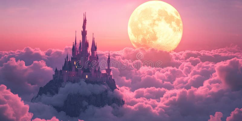 A Floating Pink Castle in the Clouds with a Rainbow for Fantasy Magical ...