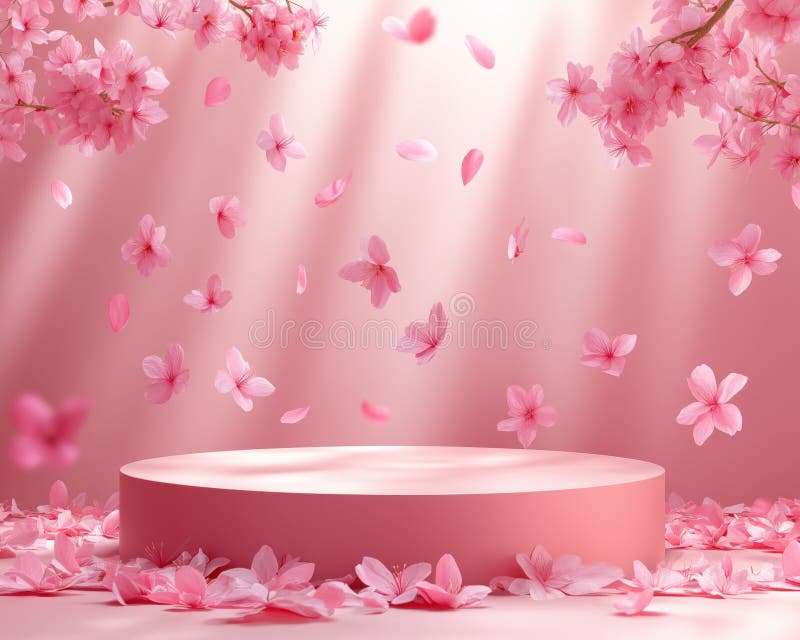 Floating Pink Cherry Blossoms Surrounding a Pastel Pink Display Podium ...