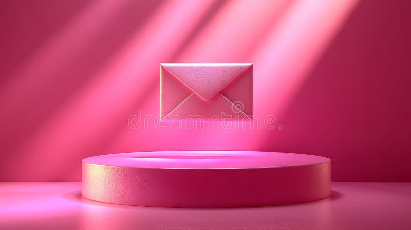 Floating Pink Envelope on Round Podium, Creative Communication Concept ...