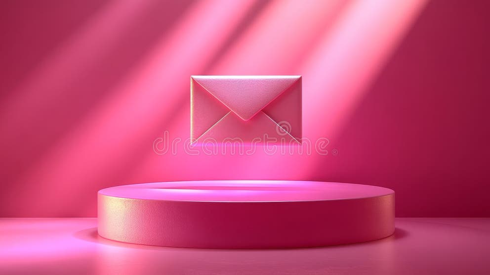Floating Pink Envelope on Round Podium, Creative Communication Concept ...
