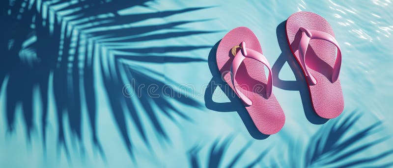 Floating Pink Flip-flops and Ring on Blue Background with Shadow of ...