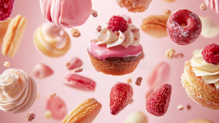 Floating Pink Pastries and Berries on Pink Background Stock ...