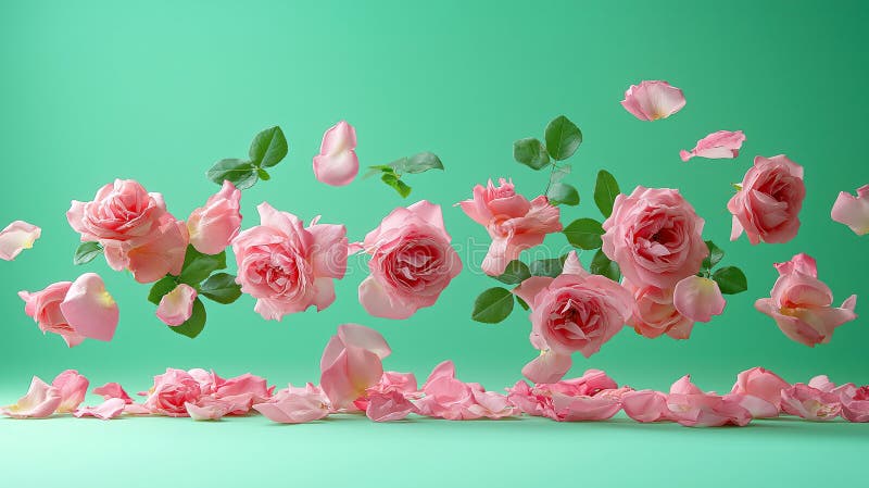 Floating Pink Roses and Petals on Vibrant Green Background: a Floral ...
