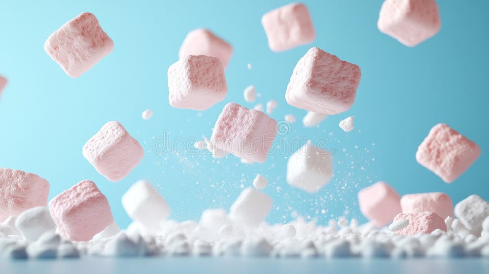 Floating Pink and White Marshmallows on Blue Background. Stock Image ...