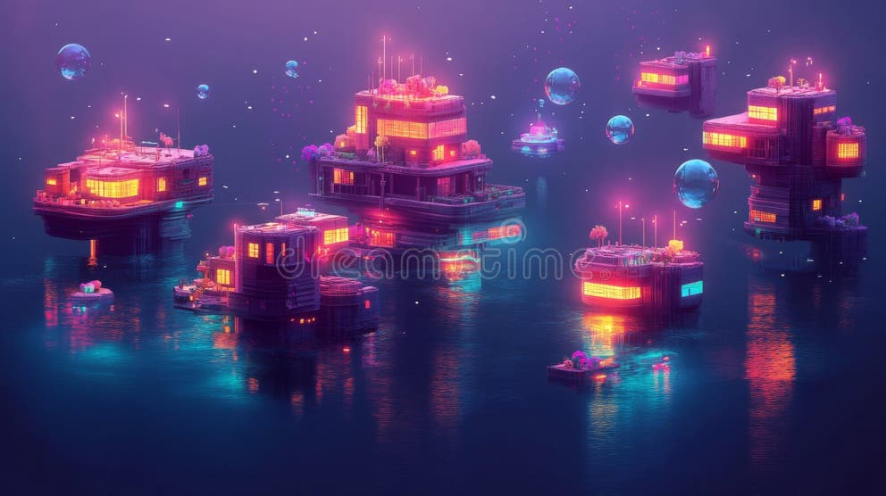 Floating Pixel Art Islands Glowing at Night Stock Illustration ...
