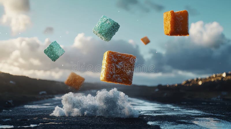 Floating Pixelated Cubes Exploding Foam Dramatic Landscape Stock ...
