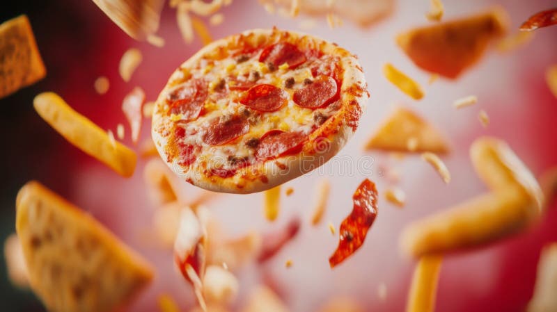 Floating Pizza and Fries: a Dynamic Food Image Stock Illustration ...