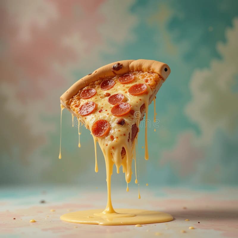 Floating Pizza Slice Dripping Cheese Onto a Dreamy, Pastel-colored ...