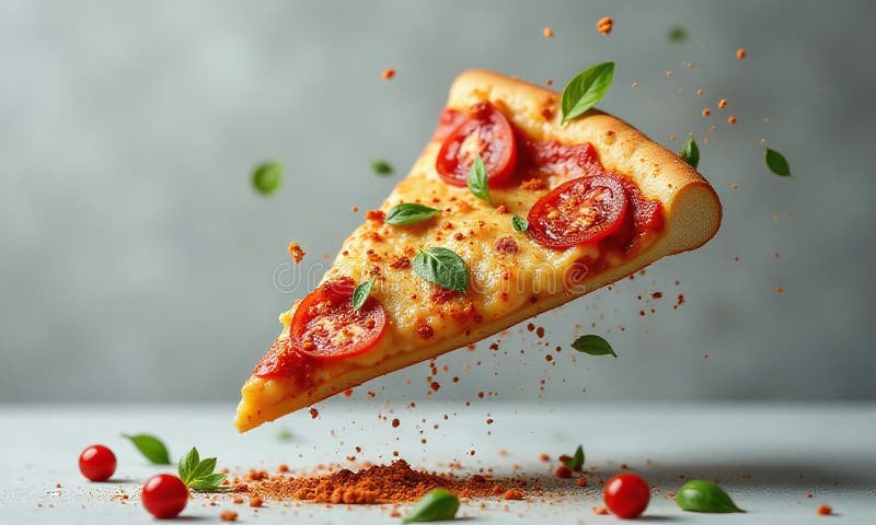 Floating Pizza Slice Exploding Ingredients Bright Colors Stock ...