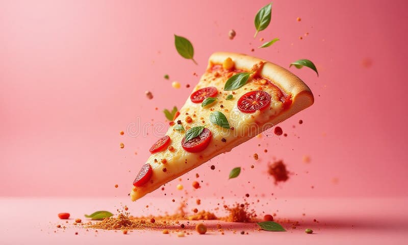 Floating Pizza Slice Exploding Ingredients Bright Colors Stock ...