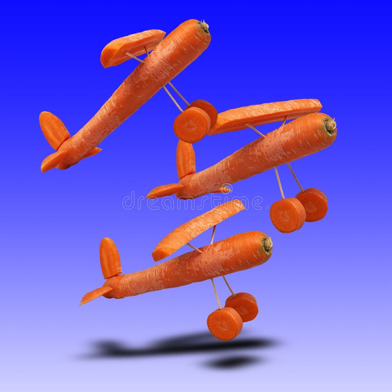 Floating Planes Made with Carrots and Toothpicks Against Blue Gradient ...