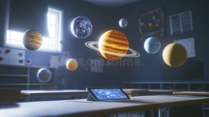 Voxel Planets Floating in Dark Classroom with Glowing Tablet Stock ...