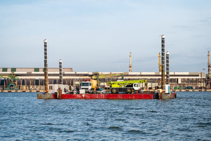 Floating Platform with Crane for Hydrotechnical Works and Concrete ...