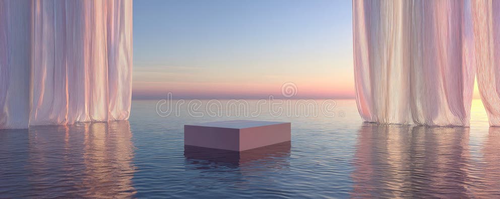 Floating Platform between Draped Curtains on Tranquil Water Under ...