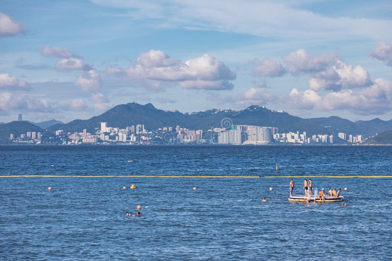 Floating Platform in Swim Area of a Beach, Summer, Hong Kong Stock ...