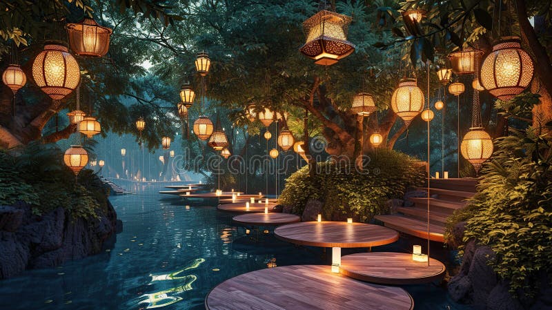 Floating Platforms Adorned with Lanterns and Lush Greenery Form a ...