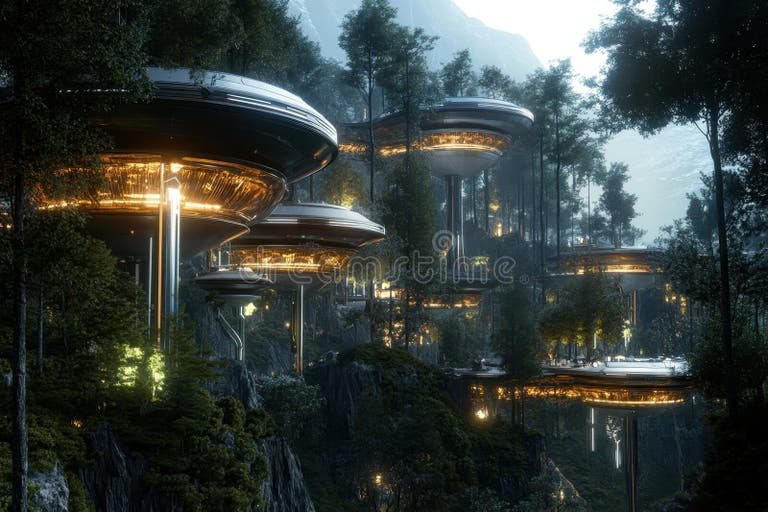 Futuristic Floating Structures among Towering Trees in a Serene Mountainous Landscape Stock ...