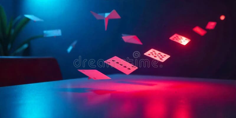 Floating Playing Cards Illuminated by Colorful Lights in a Dramatic ...