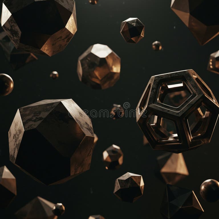 Floating Polyhedral Shapes with a Metallic Appearance Hover Against a ...
