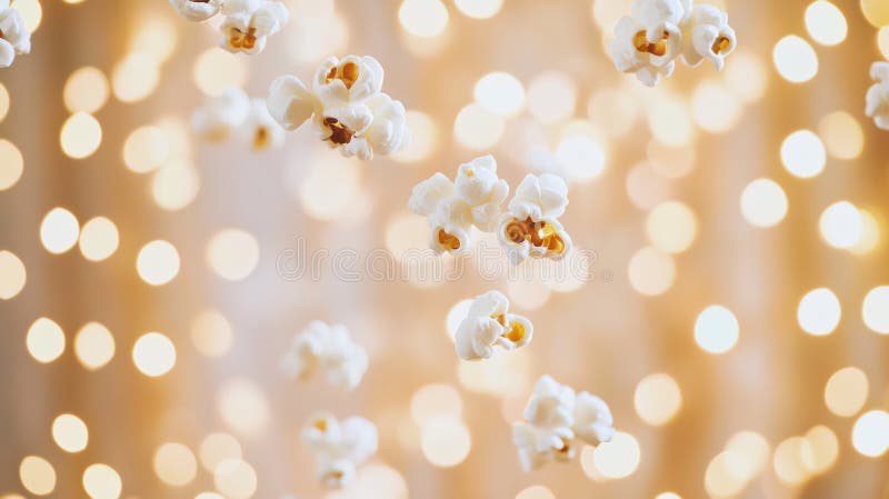 Floating Popcorn Against Blurred Bokeh Lights Backdrop, AI Generative ...