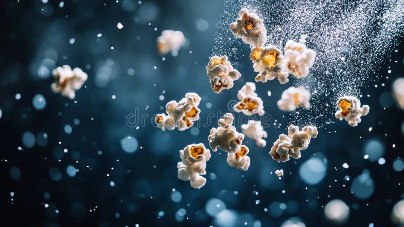 Floating Popcorn, Particles in Motion, Against a Black Background for ...
