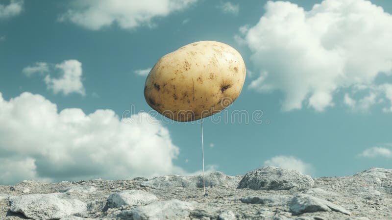 Floating Potato Against a Cloudy Sky Landscape, Surreal Concept Stock ...