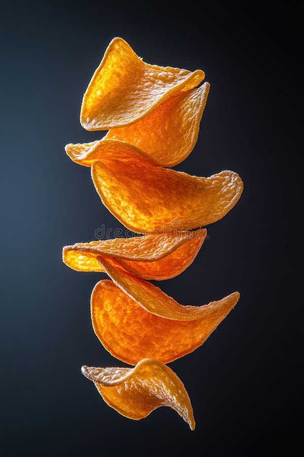 Floating Potato Chips Stacked Vertically Against a Dark Background ...