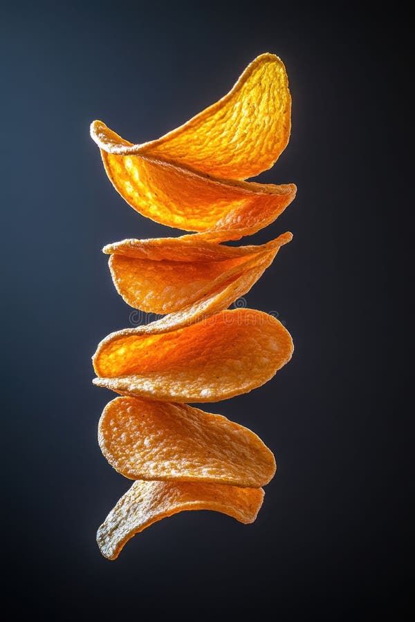 Floating Potato Chips Stacked Vertically Against a Dark Background ...