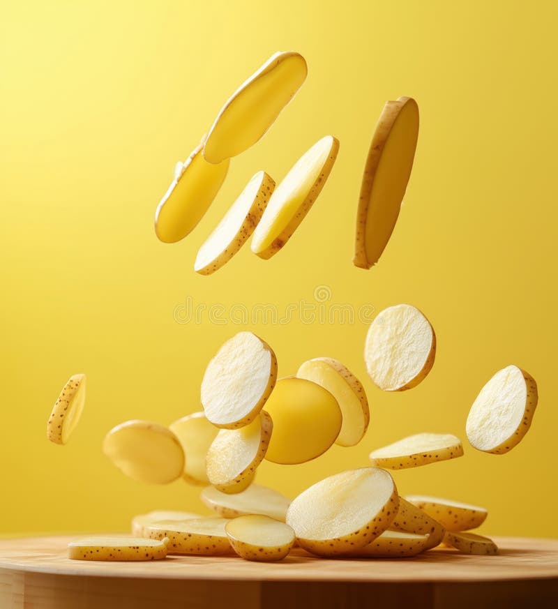 Floating Potato Slices in Air Against Yellow Background, Captivating ...