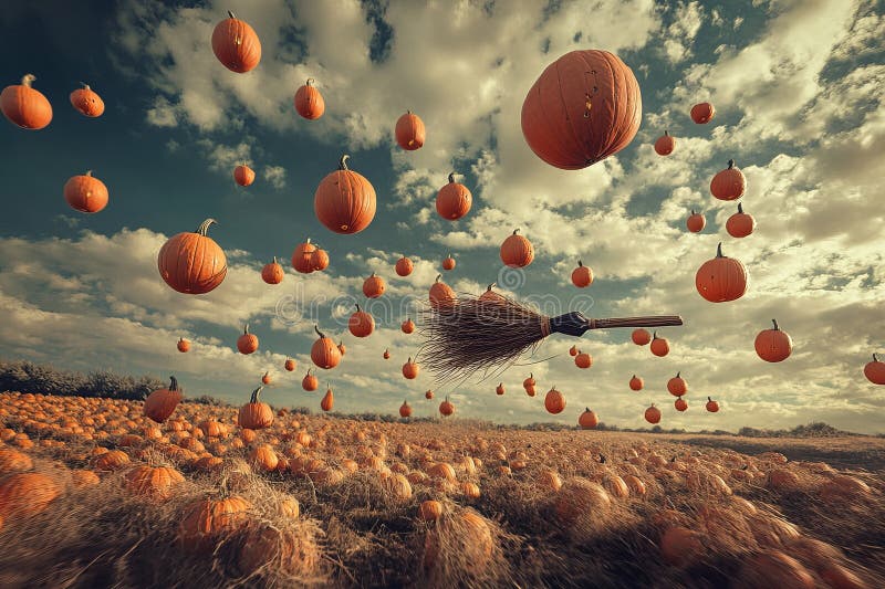 Floating Pumpkins in Sky Over Pumpkin Patch with Broomstick Stock ...