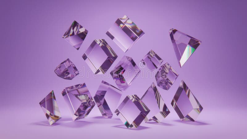 Floating Purple Crystals in Various Geometric Shapes Against a Soft ...