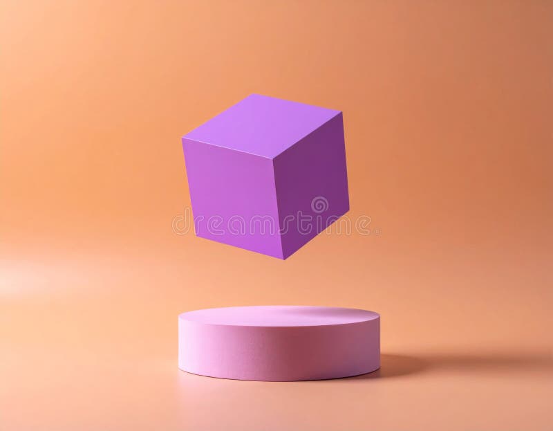 Floating Purple Cube Above Round Platform on Orange Seamless Background ...