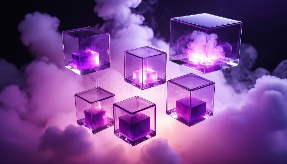 Floating Purple Cubes among Misty Clouds with Glowing Lights Stock ...