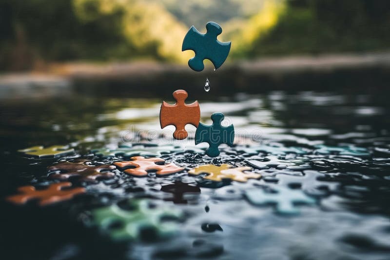 Floating Puzzle Pieces Above Water Surface with Reflective Background ...