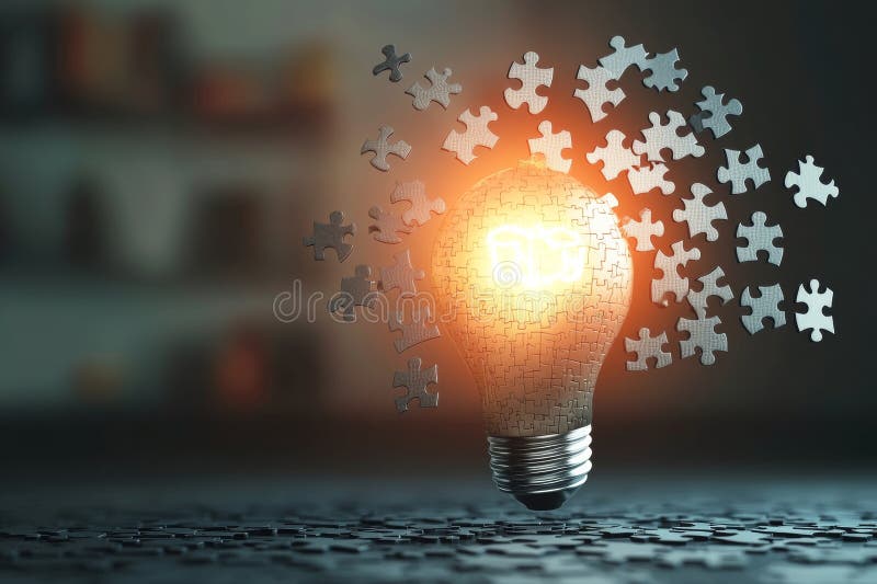 Floating Puzzle Pieces Gather Dynamically To Form a Luminous Light Bulb ...