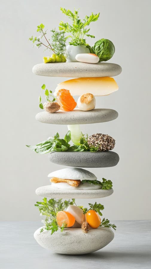 Floating Pyramid Made of Various Food Elements Showcasing Culinary ...