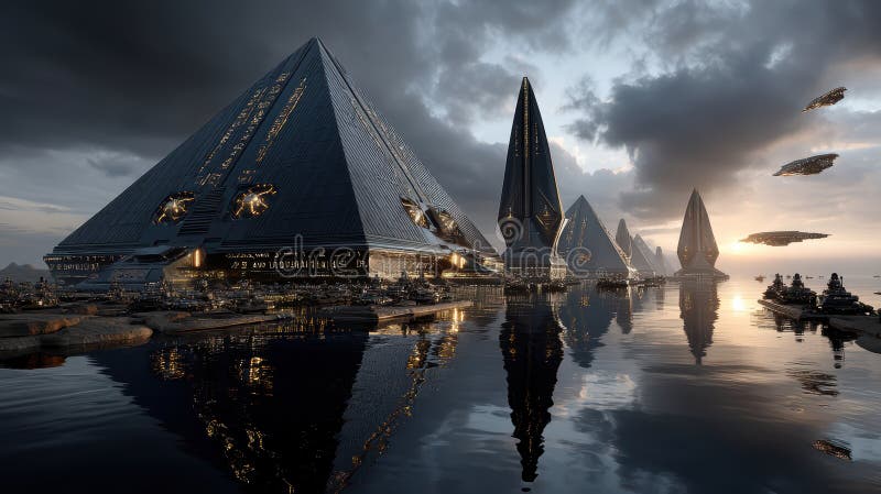 Floating Pyramids Reflected in Water with Starscape Background Stock ...
