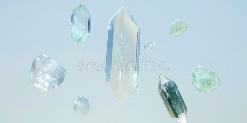 Floating Quartz and Green Crystals Against Blue Stock Illustration ...