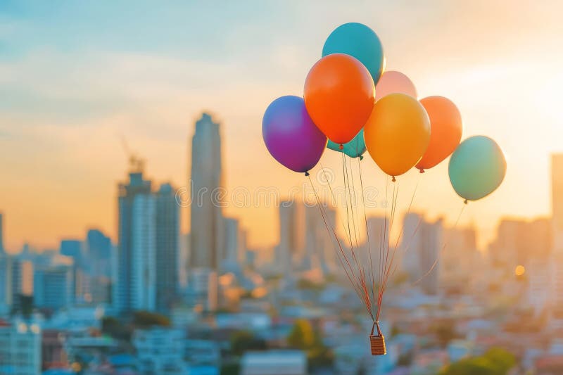 Floating Rainbow Balloons Along the Skyline of the City Stock Image ...
